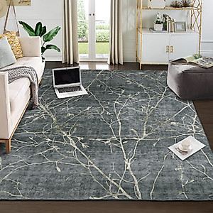 RUGSREAL Machine Washable Rugs 5x7 Area Rug with Non Slip Backing for Living Room Bedroom Kitchen, Foldable Rug Printed Branch Vintage Home Decor, Floor Decoration Carpet Mat 5x7 Grey