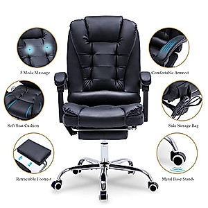 ONPNO Reclining Office Chair with Massage, Ergonomic w/Foot Rest, PU Leather Executive Computer w/Heated, Padded Armrest, High Back Swivel Recliner for Home Study (Black)