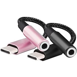 Kedoo USB C to 3.5mm Female Headphone Jack Adapter (2 Pack), Type C to Aux Audio Dongle Cable Cord Hi-Fi DAC Chip for Samsung Galaxy S22 S21+, S9 Note10 Plus, Pixel 5 4 3 XL(Black+Rose Gold)