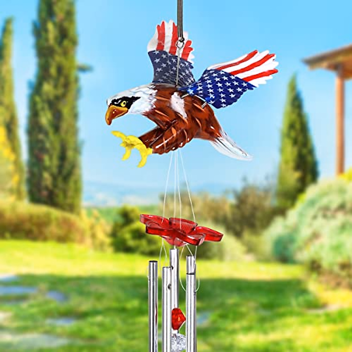 Exhart Wind Chimes, WindyWings Patriotic Eagle Wind Chime with Fluttering American Flag Wings, Outdoor Plastic and Metal Lawn and Yard Decoration, 9 x 6 x 18 Inch