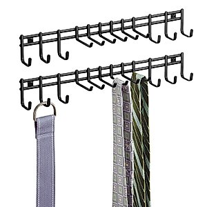 mDesign Closet Wall Mount Metal Accessory Organizer and Storage Center - Modern Slim Holder for Womens and Mens Ties, Belts, Scarves, Sunglasses, Watches - 12 Hooks, 2 Pack, Matte Black