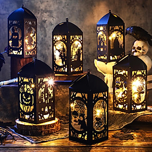 Glooglitter 6 Pcs Halloween Paper Lantern Halloween Table Centerpieces Spooky Halloween Lanterns with LED String Lights Spooky Skeleton Owl Bat Castle Pumpkin Party Decoration