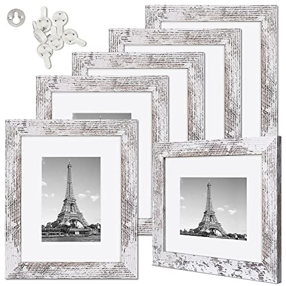 upsimples Picture Frame Distressed White with Real Glass, Display Pictures 5x7 with Mat or 8x10 Without Mat, Multi Photo Frames Collage for Wall or Tabletop Display, Set of 6