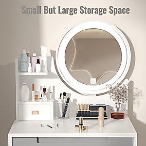 ARTETHYS Small Vanity Desk Set with 3 Adjustable Lighted Mirror and Storage Shelf White and Grey Tiny Vanity Table with Drawer for Bedroom 24 Inch Makeup Vanity Compact Dressing Table for Small Space