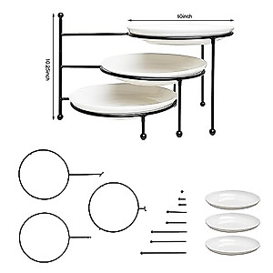 HPC Decor 3 Tiered Serving Stand w/White Porcelain Plates- Foldable Swivel Food Display Stand for Party Buffet-Dessert Display Server- 10in Tier Serving Trays with Black Metal Stand for Entertaining