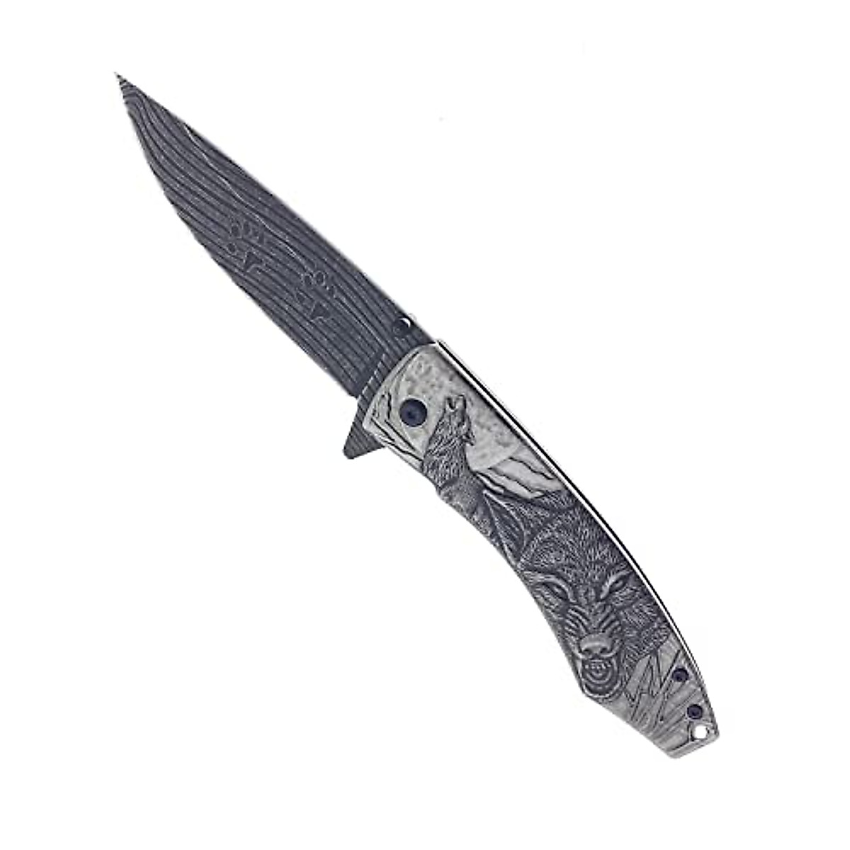 Falcon 8" Fantasy Wolf Embossed Stainless Steel Drop Point Spring Assisted Folding Pocket Knife EDC Pocket Knife In Multiple Colors For Gifts