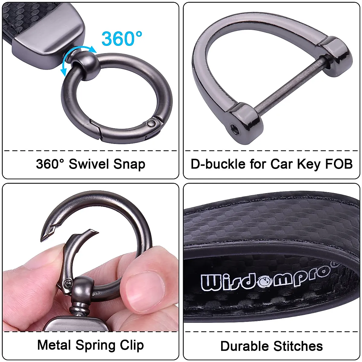 Wisdompro Carbon Fiber Style Car Keychain, Microfiber Leather Key Chain, Universal Key FOB Keychain Holder for Men and Women, with Anti-lost D-ring, 3 Keyrings - Black (with flat connector)