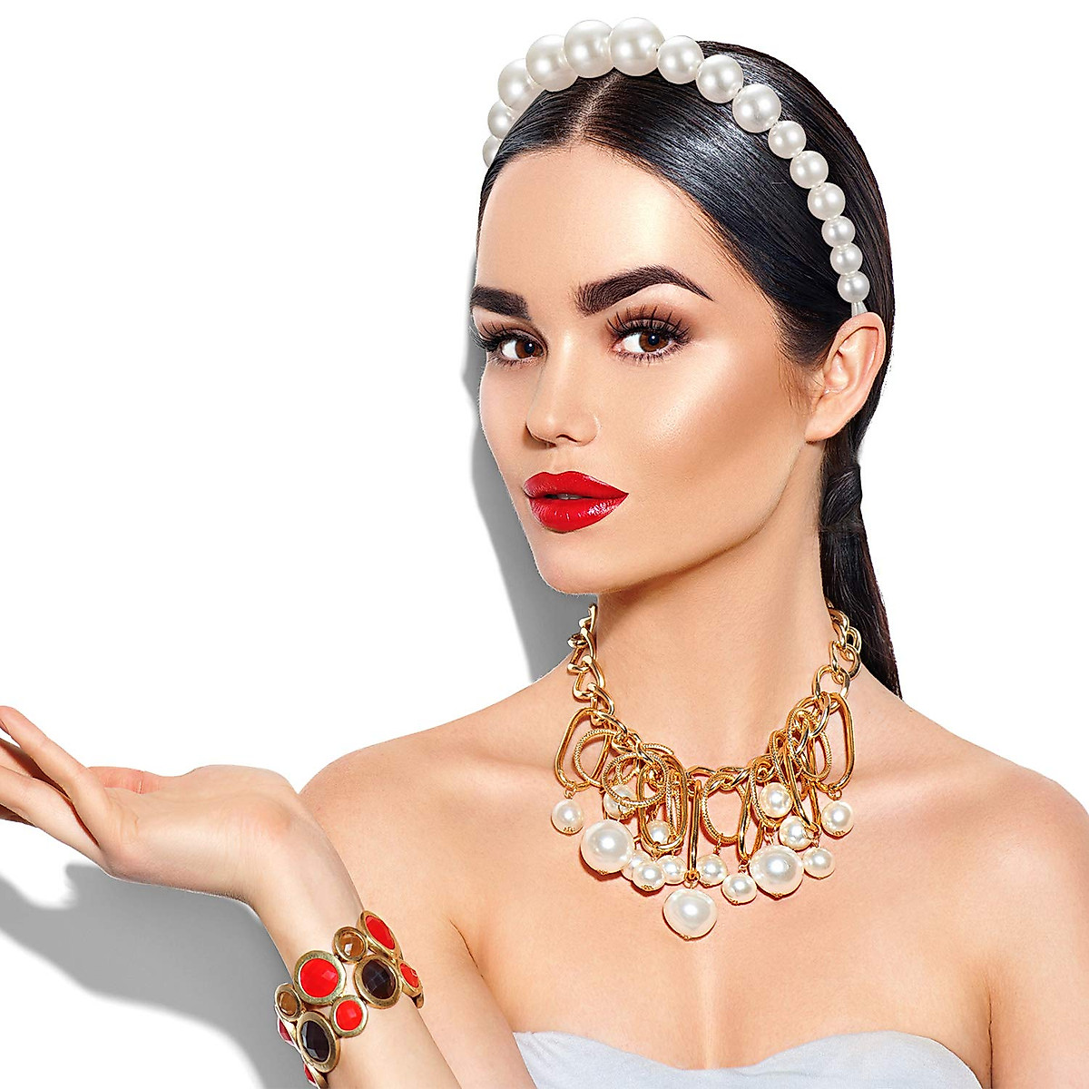 4 Pieces Pearls Headbands Women White Faux Pearl Rhinestones Hairbands Bridal Hair Hoop Wedding Hair Accessories for Girls (Style Set 1)