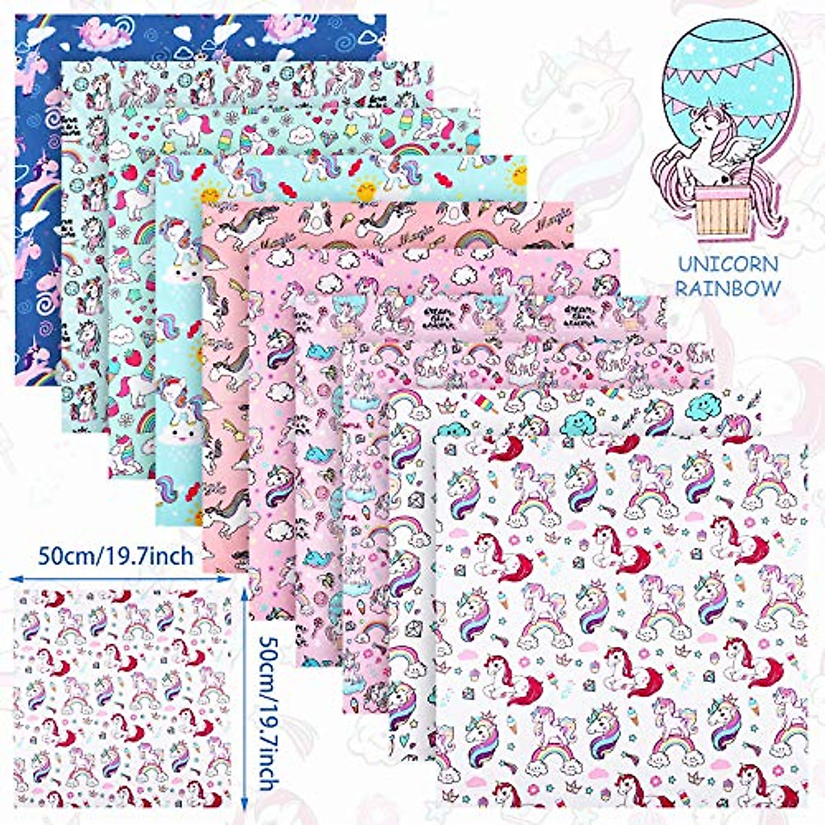 10 Pieces Unicorn Fabric Squares 20 x 20 Inch Precut Quilting Fabric Unicorn Rainbow Cartoon Pattern Fabric Bundles Unicorn Printed DIY Fabric for Home Decor Clothing Craft Sewing Crafts, 10 Designs