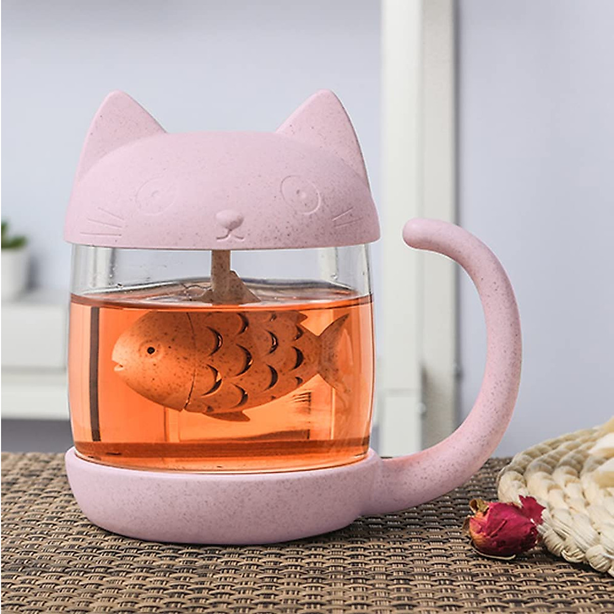 BigNoseDeer Cat Tea Cup Cute Tea Mug Glass Tea Pot with Fish Tea Infuser for Loose Leaf Tea (Pink 8oz)