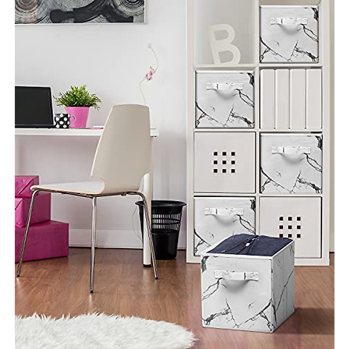 Sorbus Fabric Foldable Storage Cubes Organization Bins, Great for Home Organization, Living Room, Cube Storage Bins, for Closet, Nursery, Playroom, College Dorm, Marble Print Fabric (4, Pack, White)
