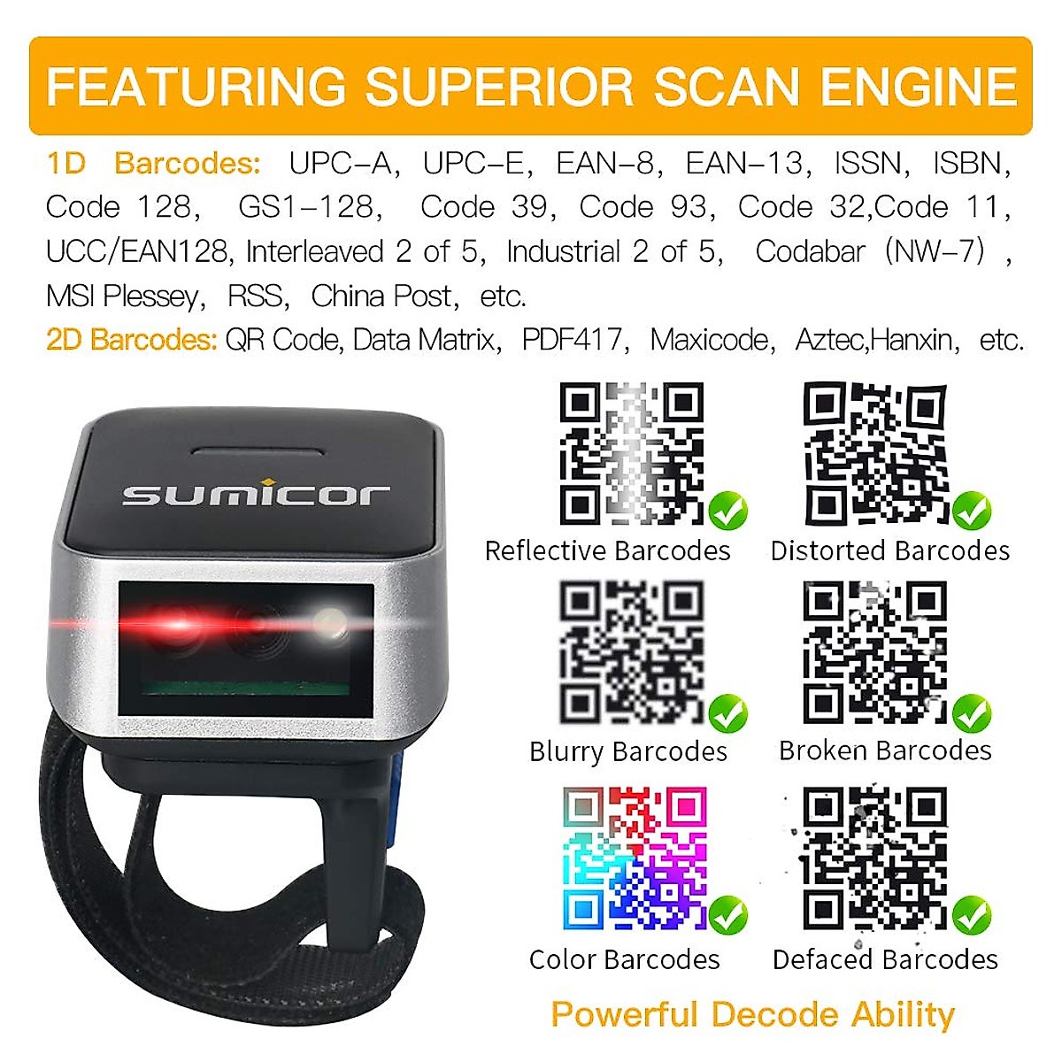Bluetooth Ring Barcode Scanner, Sumicor Wearable Finger Bar Code Reader Portable Mnin Barcode 3-in-1 Bluetooth & 2.4Ghz Wireless & USB Work with iOS Android Windows Linux Mac OS
