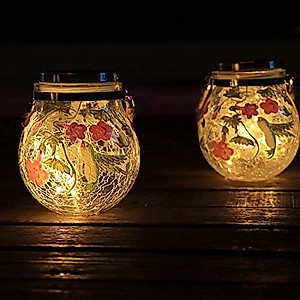 Hanging Solar Outdoor Lanterns Waterproof Crackle Glass Solar Outdoor 30 LED Lights Garden Hummingbirds Decor for Yard Lawn Garden Patio Decorations, 2 Pack