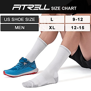 FITRELL 6 Pack Men's Athletic Crew Socks Cushioned Work Boot Socks, White, Large, Shoe Size 9-12