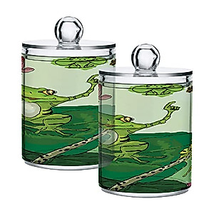 Kigai Frog Lotus Illustration Qtip Holder Dispenser for Cotton Ball, Cotton Swab,Plastic Clear Apothecary Jar, Home Décor Kitchen Storage Jar,2 Pack
