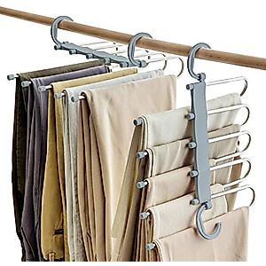 SOSOPIN 2 Pack Pants Hangers Space Saving Non-Slip Clothes Organizer 5 Layered Pants Rack for Scarf Jeans (Grey, 6 Pcs)