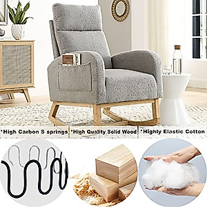 Sybrioka Modern Teddy Accent Rocking Chair,27" W Upholstered Glider Rocker for Baby and Kids,Two Side Pocket,Comfy Armchair, Living Room Lounge Arm Chair with High Backrest (Teddy, Grey)