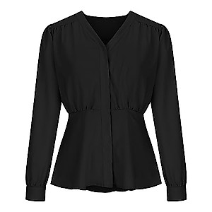 Womens Going Out Tops Empire Waist V-Neck Long Puff Sleeve Shirts Solid Color Slim fit Classic Business Casual tees