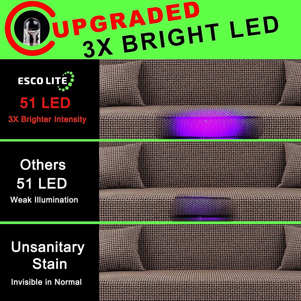 Escolite UV Flashlight Black Light 51 LED 395 nM Ultraviolet Blacklight Flashlite for Pet Urine Detection,Dry Stains,Bed Bug,Scorpion,Dog/Cat Urine Light Detector Matching with Pet Odor Eliminator