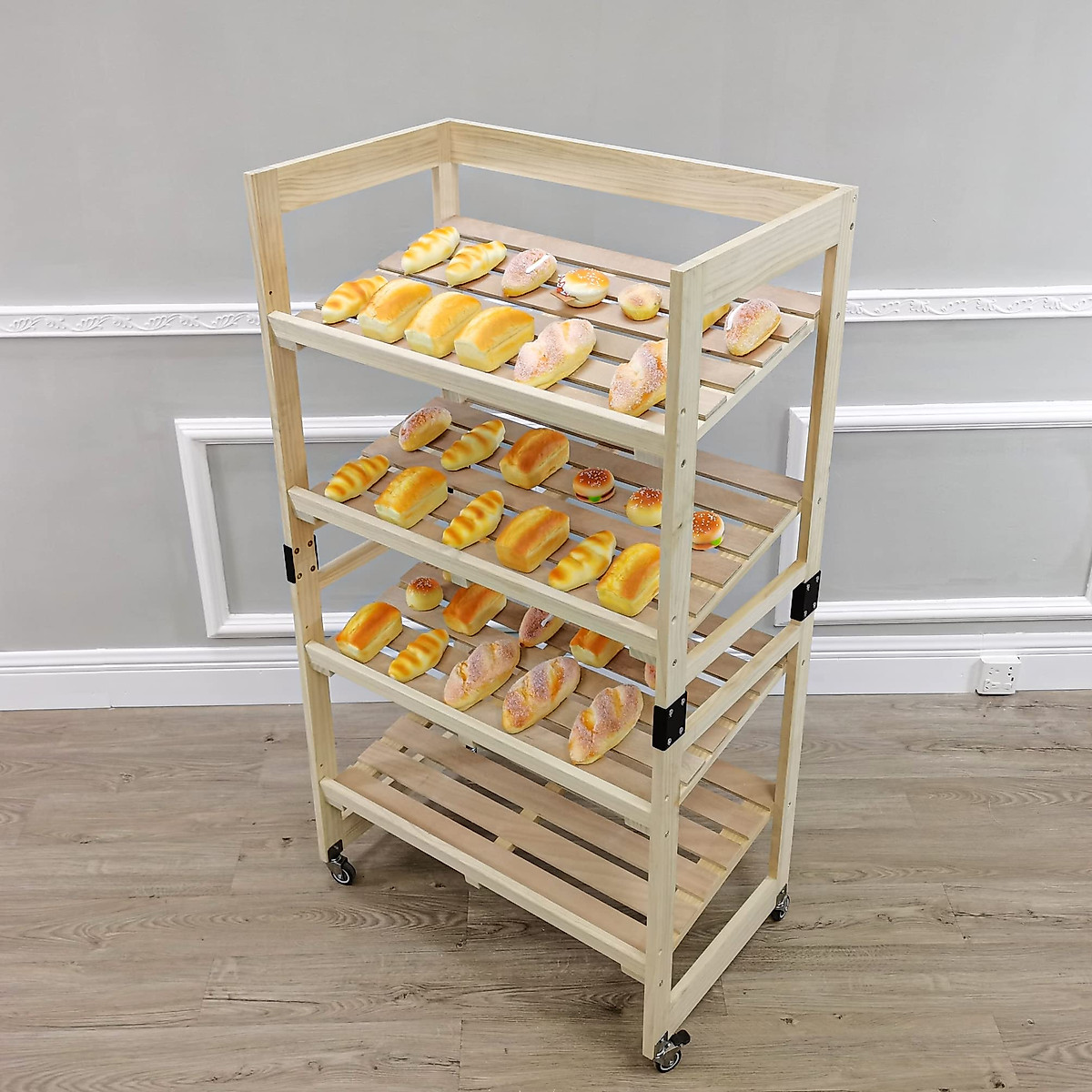 FixtureDisplays® 4-Tier Bakery Bread Rack with Angled Shelves Wooden Display Rack Bread Store Rack 30X18X55" 101143