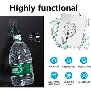 YAWALL 10 Pack Wall Hooks for Hanging 44lb(Max), Transparent Reusable Seamless Heavy Duty Hooks, Waterproof and Oilproof, Bathroom Kitchen Self Adhesive Hooks