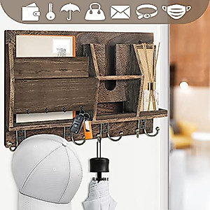 Wooden Key Holder for Wall, Mail Organizer Wall Mount with 4 Key Hooks, Wall Mounted Hanging Keys Rack with Sunglasses Storage, Rustic Home Decor for Entryway