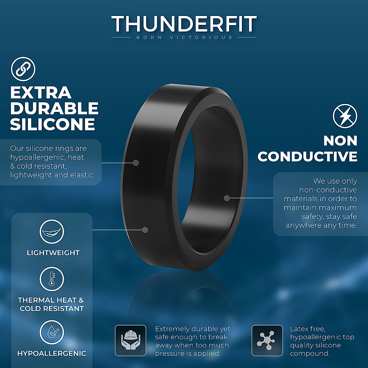 ThunderFit Silicone Rings for Men, Flat Top Angled Edge Rubber Wedding Bands 9.8mm Wide 2mm Thick - 1/4/7 Variety Multipack (Dark Blue, Dark Green, Black, Dark Grey - Size 9.5-10 (19.8mm))
