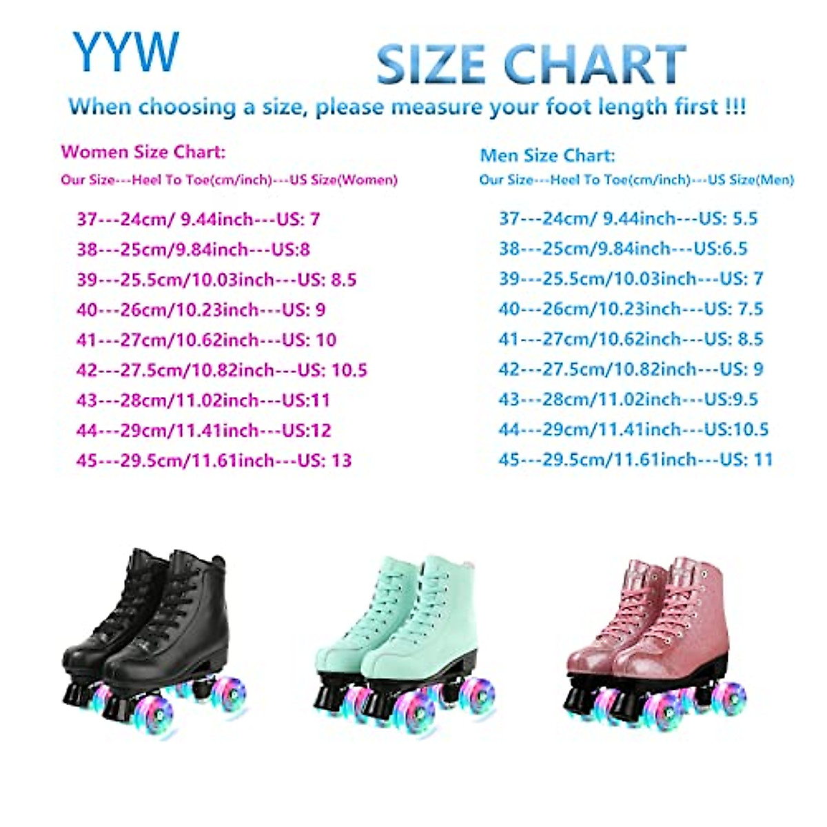 YYW Roller Skate for Women Men Light up Wheel - Double Roller Skater High-top PU Leather Roller Skate Shoes Adjustable PU Roller Skates with Four Piles for Adult Girls Beginners