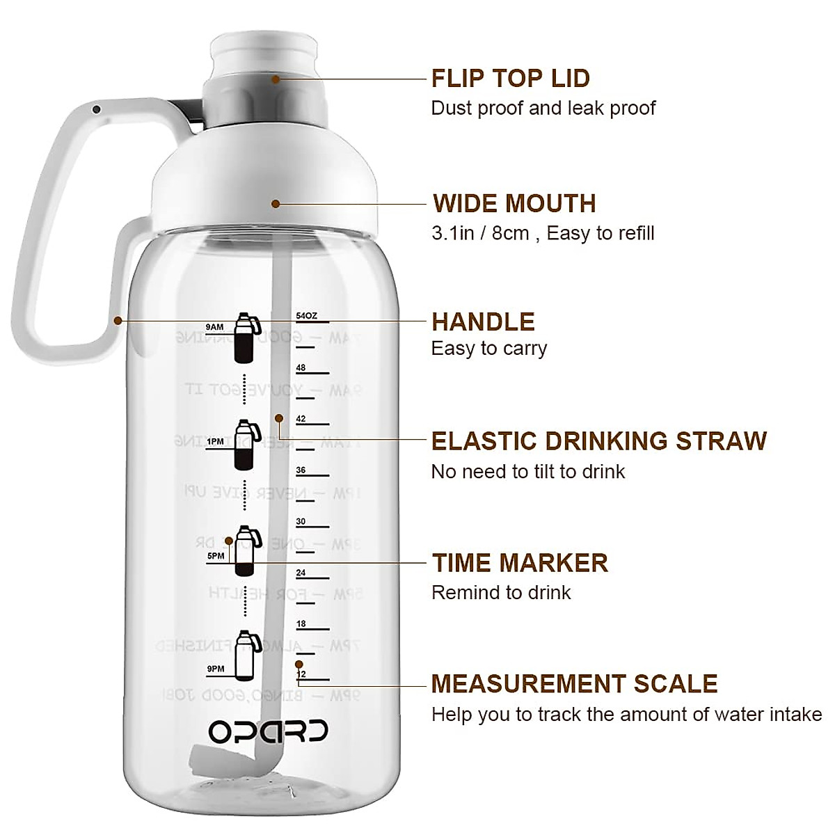 Opard Half gallon Water Bottle with Time Marker, 64oz Motivational Water Jug Large Sports Water Bottle with Straw Handle BPA Free for Gym Fitness (White)