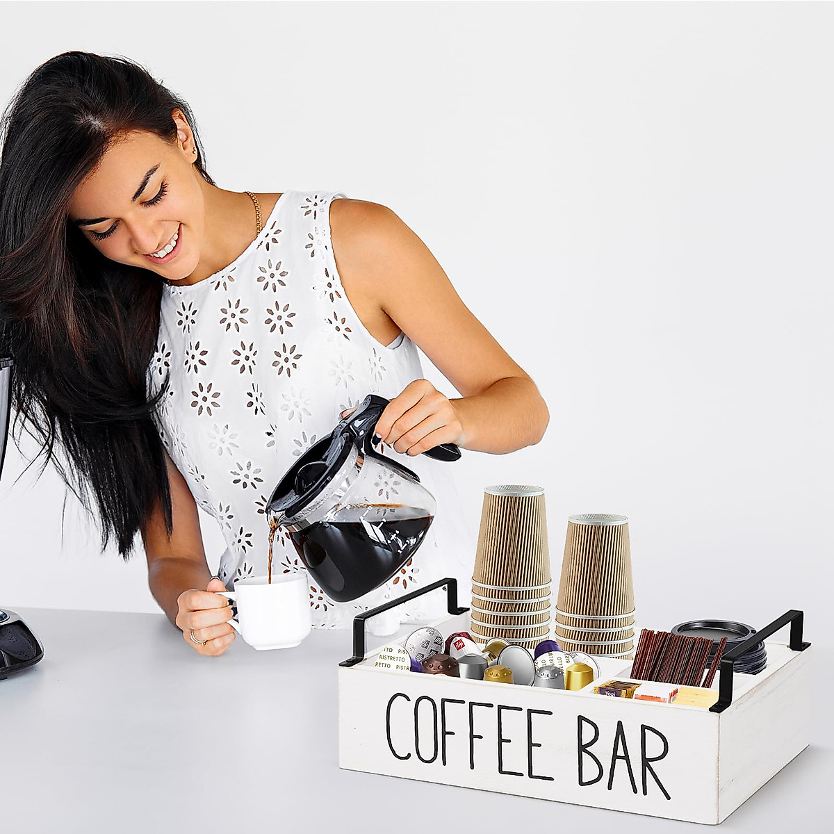 Pitmoly Coffee Station Organizer, Wooden Coffee Bar Accessories Organizer for Countertop, Farmhouse K Cup Coffee Pod Holder with Handle, Rustic Retro Storage Bin for Coffee Tea Bag (White)