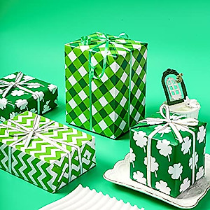 Packanewly Wrapping Paper Roll for St. Patrick Day - 17 inch x 120 inch (3-Pack, 42.3 sq.ft.ttl.) Mini Roll - Green Color Design with Geometry, Four-leaf Clovers，Wave