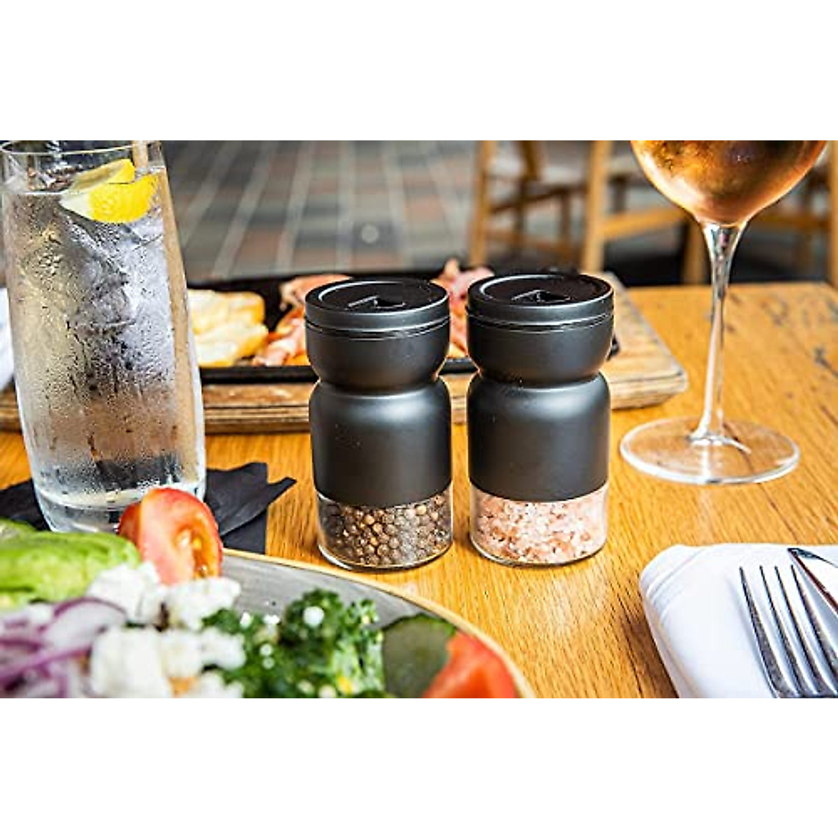 HOME EC Glass Salt and Pepper Shakers Set with Adjustable Pour Holes - Stainless Steel Salt Shaker and Pepper Shaker - Farmhouse Salt and Pepper Shaker Set for Himalayan, Kosher Sea Salts & Spices