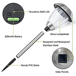 Glass Solar Lights Outdoor Waterproof - 8 Pack Solar Garden Pathway Lights Auto On/Off, Decorative Stainless Steel Landscape Lighting for Patio Lawn Yard Walkway Driveway Decoration