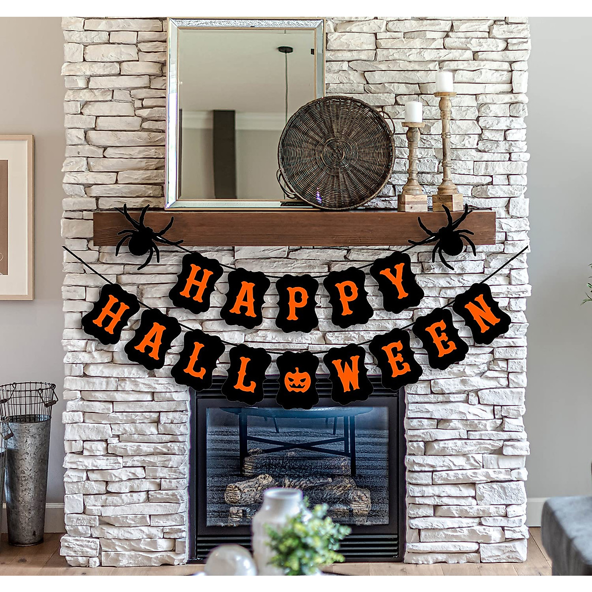 JOZON Happy Halloween Banner Halloween Bunting Banner Garland with Spider Pumpkin Sign for Halloween Party Decorations Halloween Decor for Mantle Fireplace Wall Party Supplies