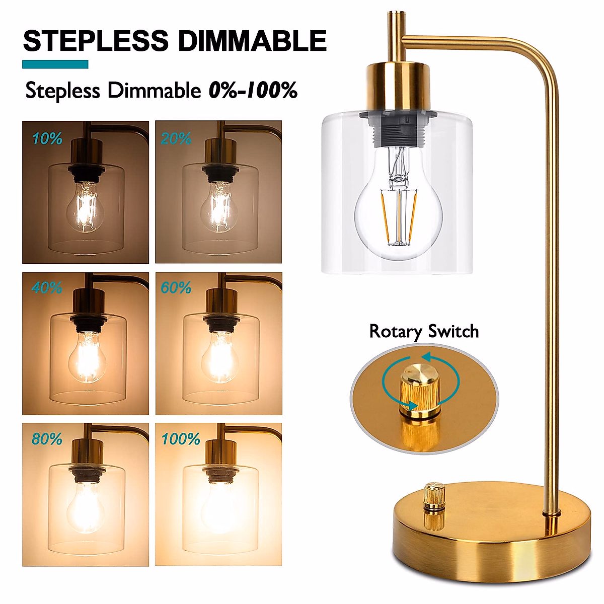 Gold Industrial Table Lamp with 2 USB Ports, Elizabeth Vintage Desk Lamp, 3-Way Dimmable Bedside Reading Lamp with Glass Shade for Bedroom Living Room Office, LED Nightstand Lamp with Edison E26 Bulb