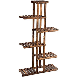 Giantex Flower Rack Wood Plant Stand 7 Wood Shelves 11 Pots Bonsai Display Shelf Indoor Outdoor Yard Garden Patio Balcony Living Room Multifunctional Storage Rack Bookshelf W/Hollow-Out Rack