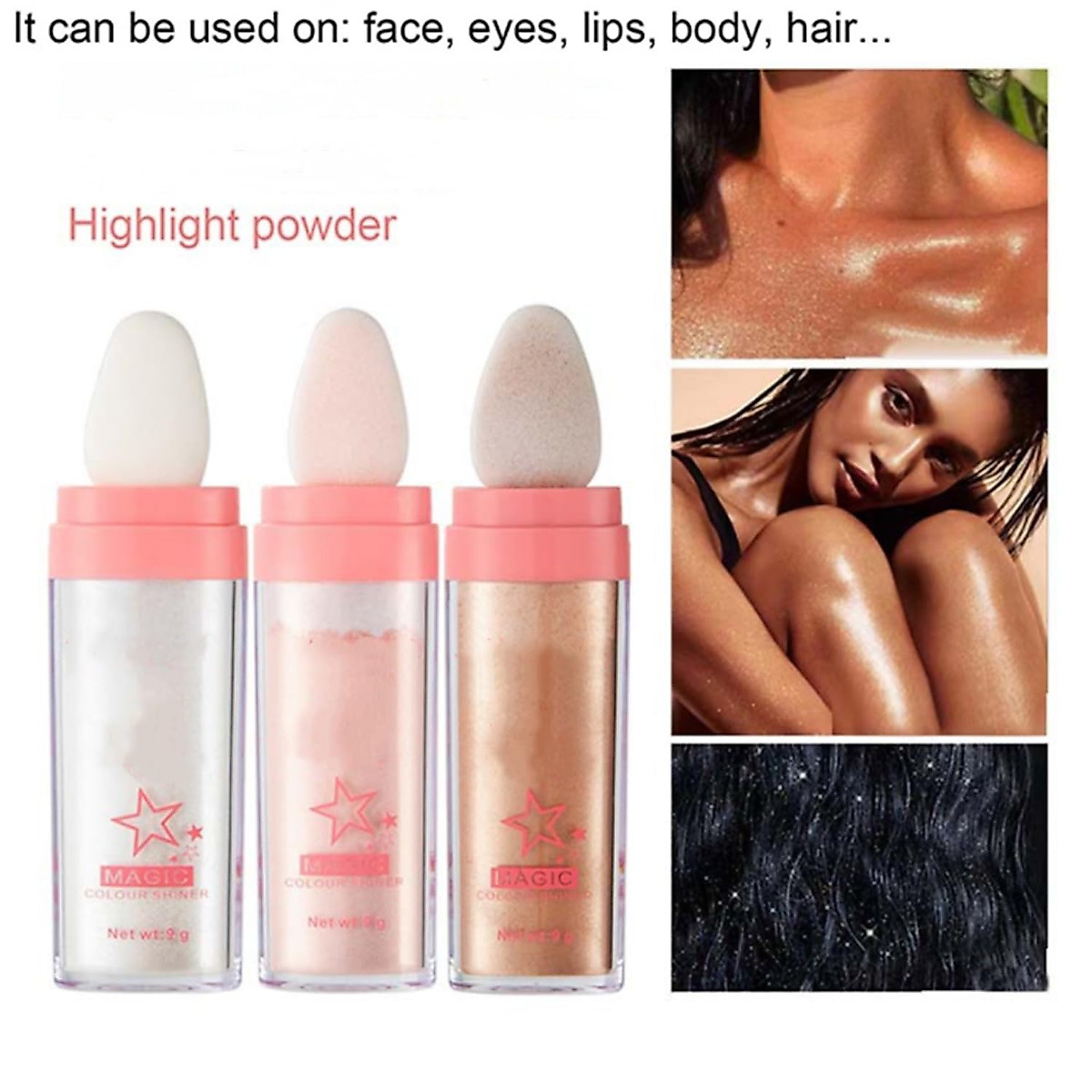 3PC Shimmer Face and Body Highlighter Powder Stick Makeup,Natural Three-dimensional Face Powder Blusher,High Gloss Fairy Glitter Sparkle Patting Powder Makeup (White+pink+gold)