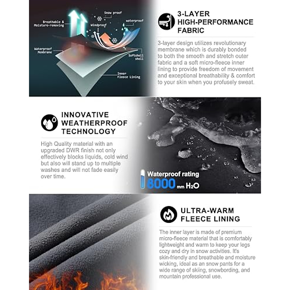 Outdoor Ventures Men's Lite Waterproof Windproof Fleece Lined Warm Hiking Ski Snow Pants Expandable-Waist