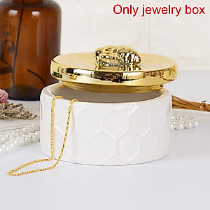 iayokocc Ceramics Jewelry Box with Golden Bee Lid - Small Jewelry Trinket Storage Tank Container,Gift for Girls Women,Round Jewellery Storage Organiser Case Bowl Trinket Pot(Size:S)