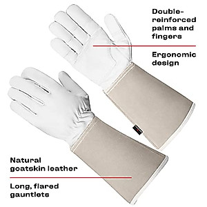 NoCry Long Leather Gardening Gloves for Women and Men; Near Thorn Proof for Cactus, Rose and Blackberry Pruning, General Yard Work and Garden Gloves; Reinforced Palms and Fingertips; Beige; Medium