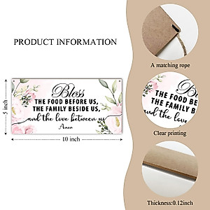 Kitchen Pink Flower Sign, Wood Wall Decoration Plaque with Rope, Home Door Decor Dining Room Shelf Wood Art Plaque for Family, Friends, Coworker, 10 x 5" Bless the Food Family Love Religion Sign -05