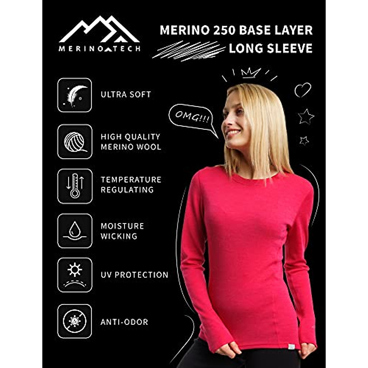 Merino.tech Merino Wool Base Layer Women 100% Merino Wool Midweight Long Sleeve Thermal Shirts + Wool Socks (Medium, Black 250)