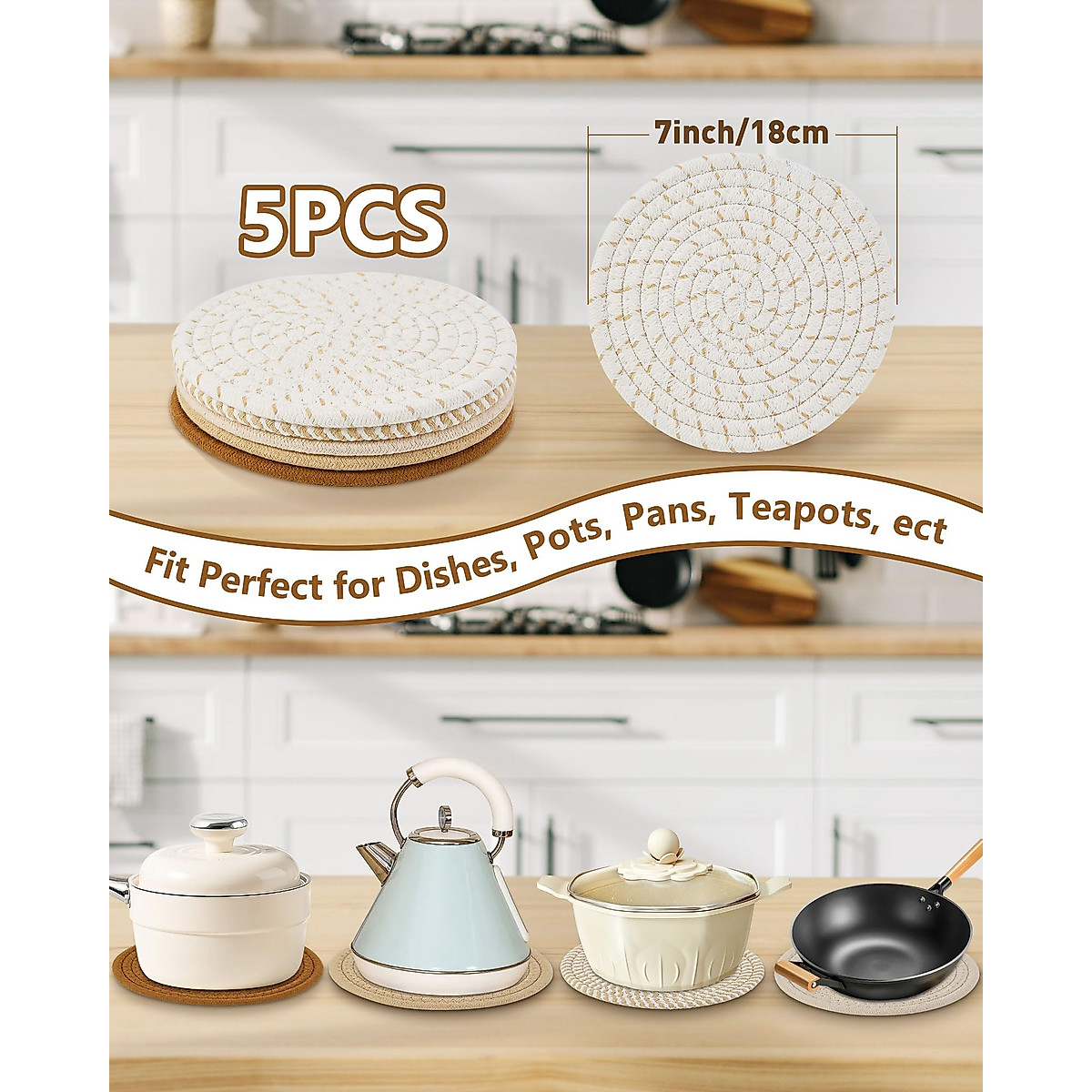 Trivets for Hot Dishes, 5 PCS Minimalist Cotton Pot Holders Kitchen Table, Counter Home Decor Essentials, Heat Resistant Hot Pads Plate Mats for Hot Pots and Pans, 7 Inch