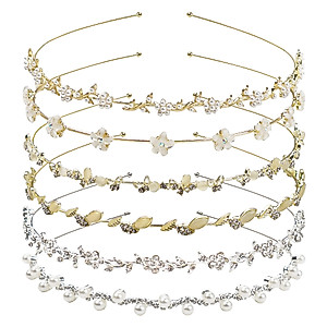 6 Pack Crystal Flower Headbands Faux Pearl Rhinestones Hairbands Headdress Wedding Party Hair Hoop Band Hairband Beaded Headbands Gold Sliver Metal Headbands Hair Accessories for Women Girls Teens