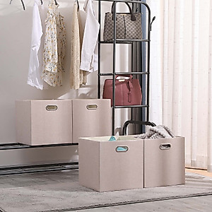 Fboxac Cube Storage Bins 13×13 Linen Foldable Box with Handles, Collapsible Organization Basket Set of 4 Large Capacity Drawer for Closet Shelf Cabinet Bookcase Bedroom, Beige Sepia