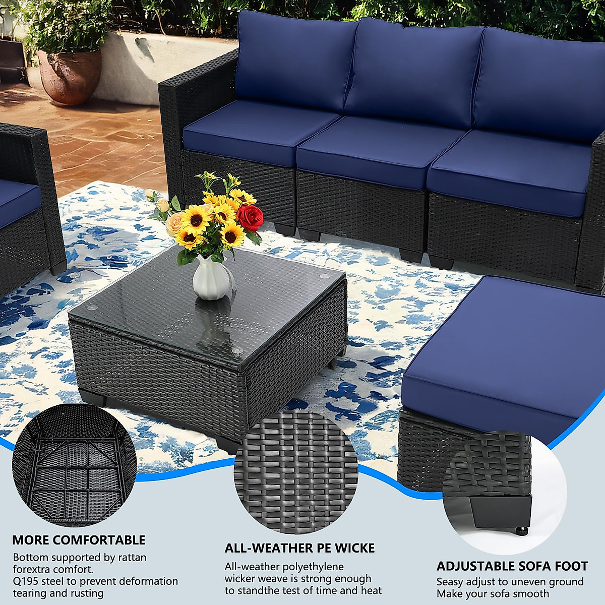 TINASUUS 6 Pieces Patio Furniture Sets, All-Weather Outdoor Furniture Wicker Patio Conversation Set Outdoor Sectional w Cushions for Porch Poolside Backyard Deck Lawn (Coffee-Dark Blue)