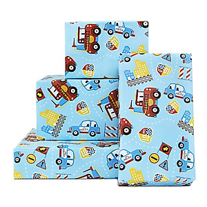 Red Fire Trucks and Police Car On Blue Wrapping paper for Boys Men Kids, Birthday Party Baby Shower Holiday Christmas Gift Wrap - Folded Flat 30 x 20 Inch - 4 Sheets