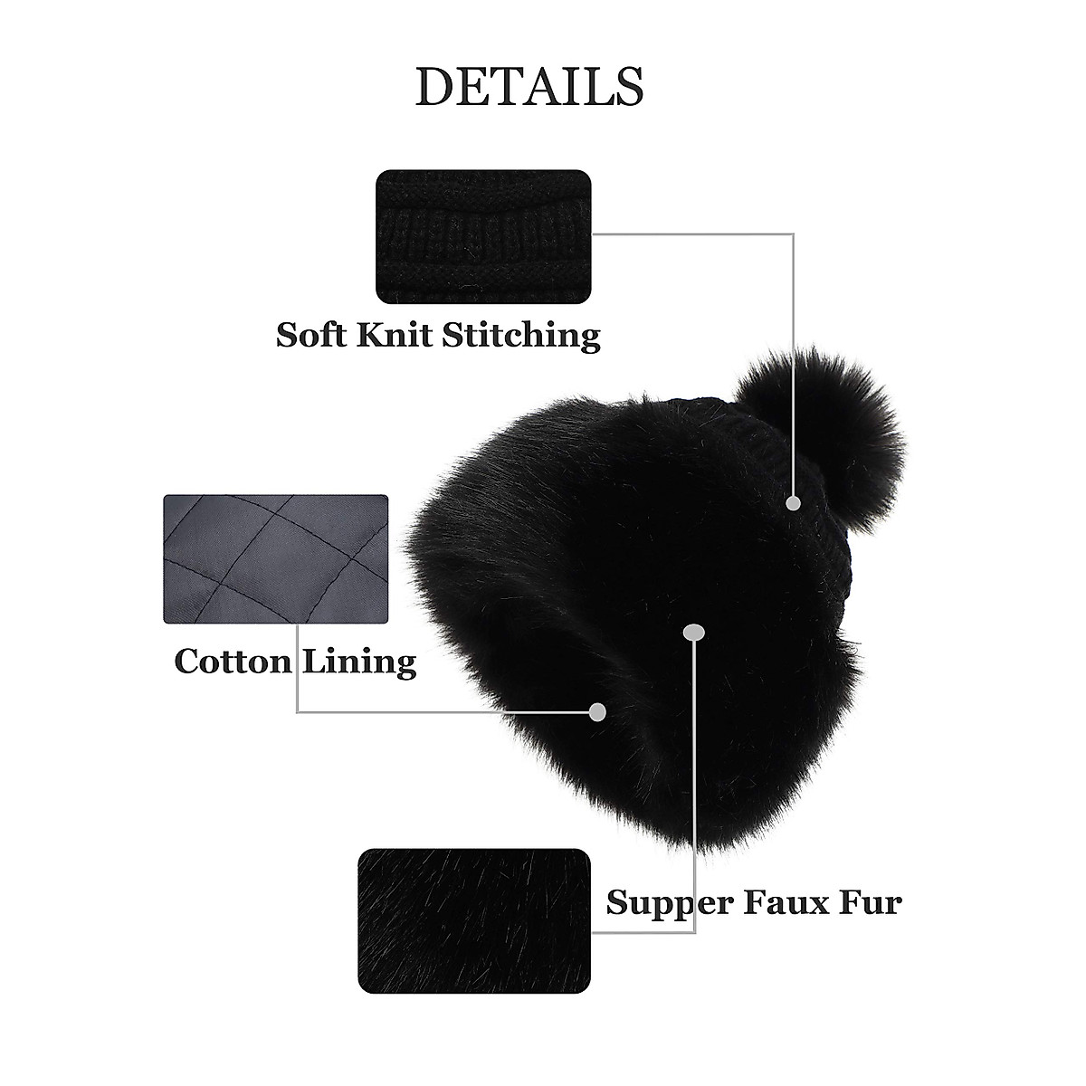 Soul Young Women's Faux Fur Hat Black Russian Cossack Knit Pompom Ski Snow Cap for Winter White(One Size,Black)