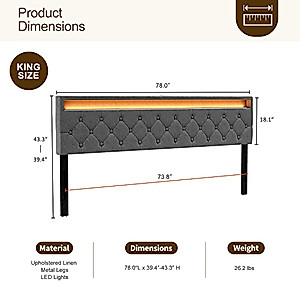 IKIFLY Upholstered King Size Headboard with 2 USB Ports & LED Lights - Adjustable Height - Button Tufted Padded Linen Fabric Headboard, Easy Assembly, King Headboard Only for Bedroom - Dark Grey