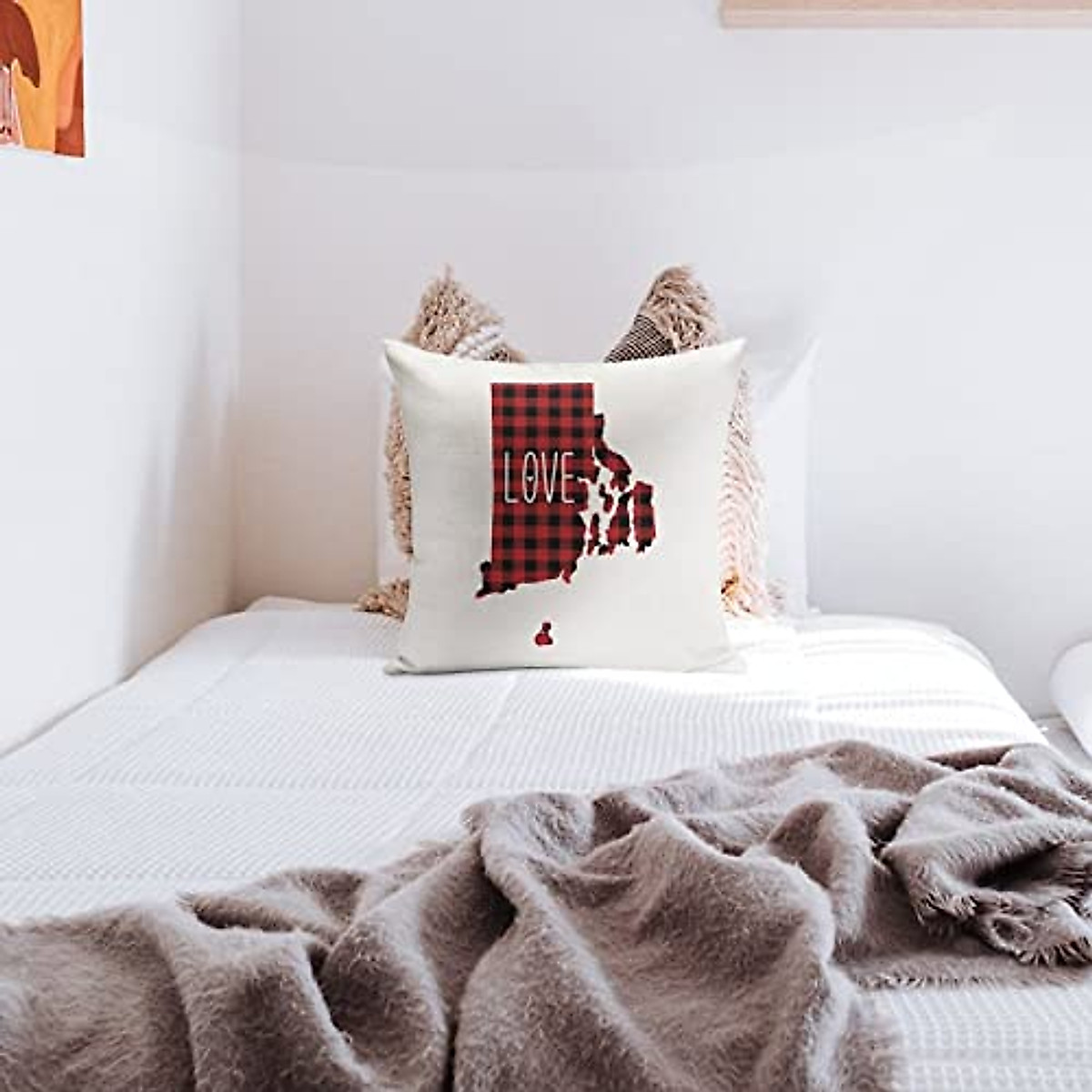 Red Black Buffalo Plaid Rhode Island State Map Throw Pillow Covers Love Pillow Case Home State Cushion Cover Going Away Gift Valentine's Day Decor Square Pillowcase Gift for Him 22"x22"